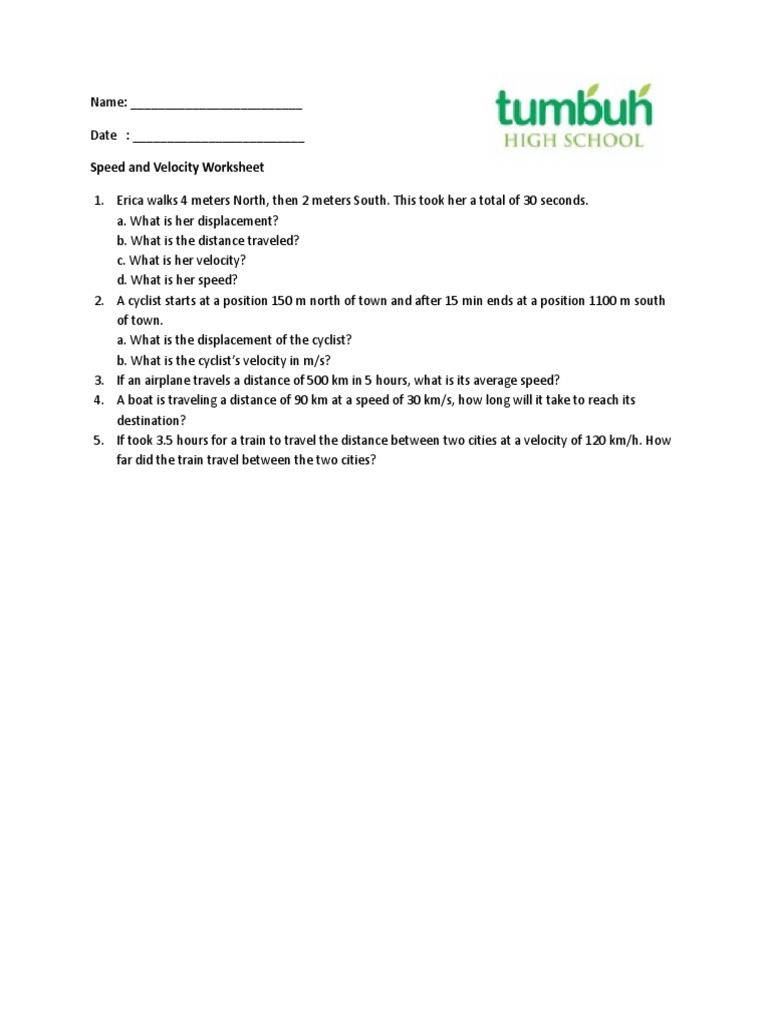 Speed Velocity Worksheet | PDF | Travel