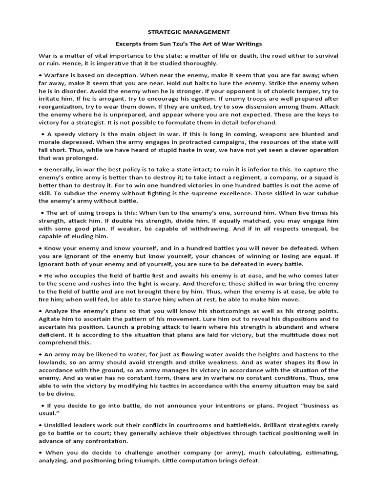 Excerpts From Sun Tzu's The Art of War Writings | PDF | Strategic ...