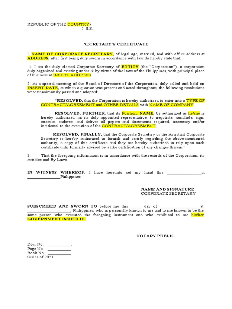 Secertary's Certificate - Authority To Sign Template - Client - Sales | PDF