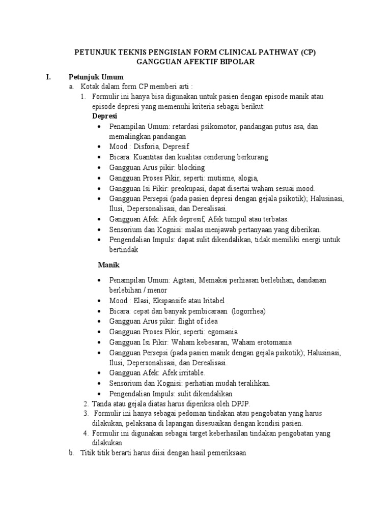 Petunjuk Teknis Pengisian Form Clinical Pathway Gangguan Afektif Bipolar | PDF