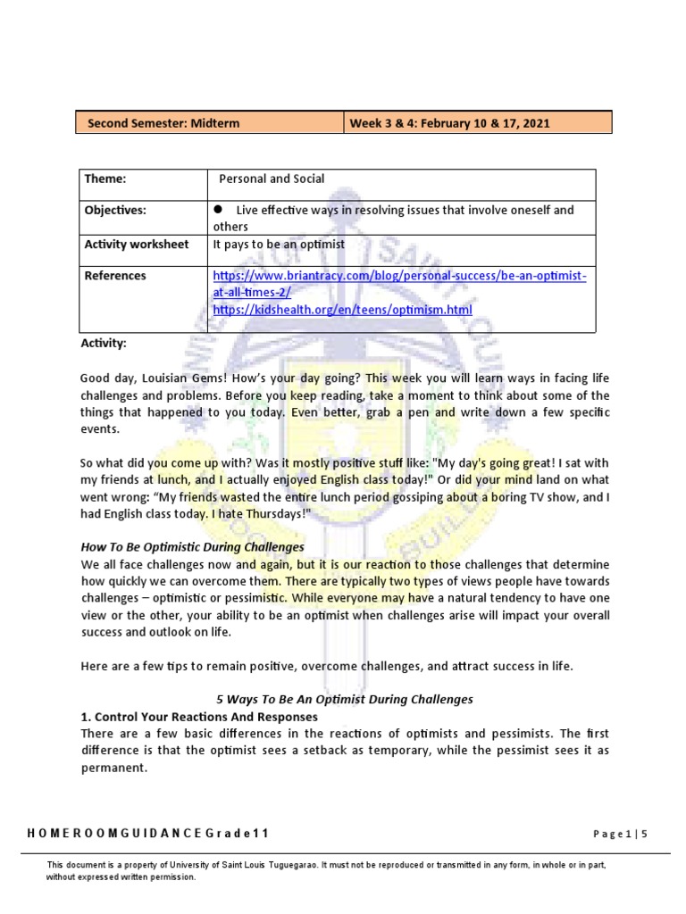 g11 HG MODULE 2ND SEM MIDTERM WEEK 34 - APATTAD | PDF | Optimism | Pessimism