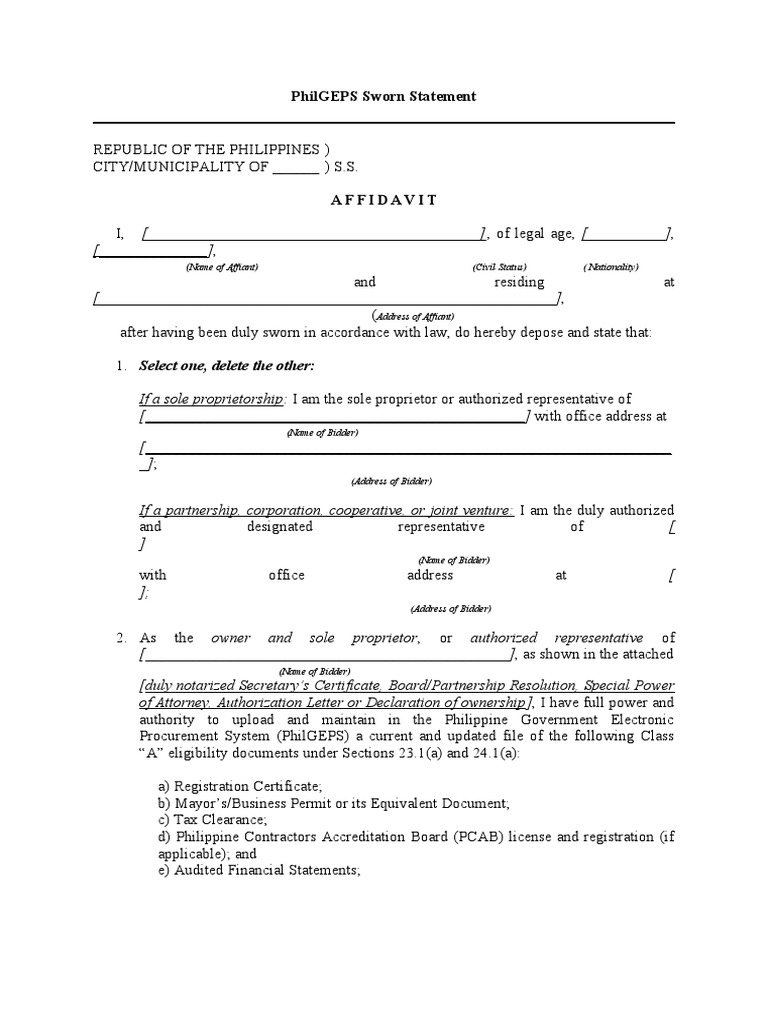 PhilGEPS Sworn Statement Template | PDF | Affidavit | Sole Proprietorship