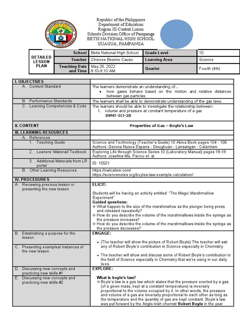 Boyle's Law DLP 7e's | PDF | Gases | Pressure