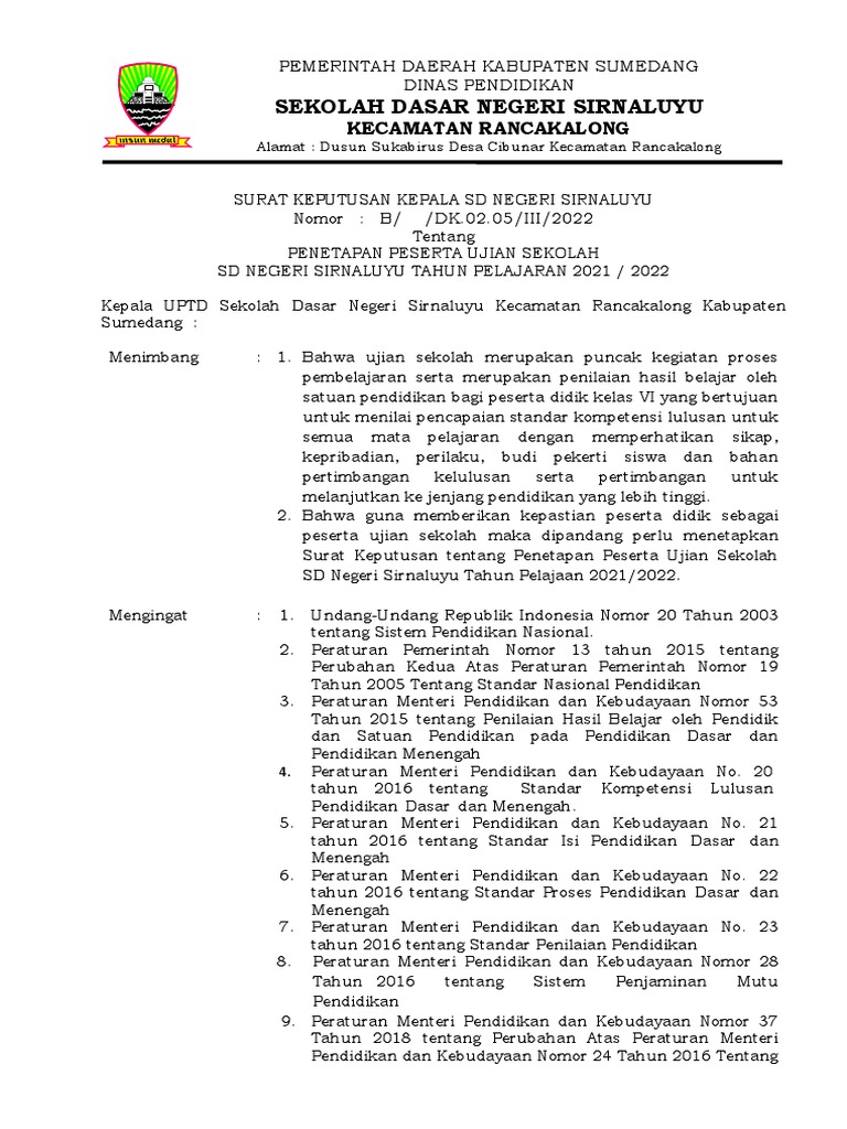 SK PENETAPAN PESERTA UJIAN Revisi | PDF
