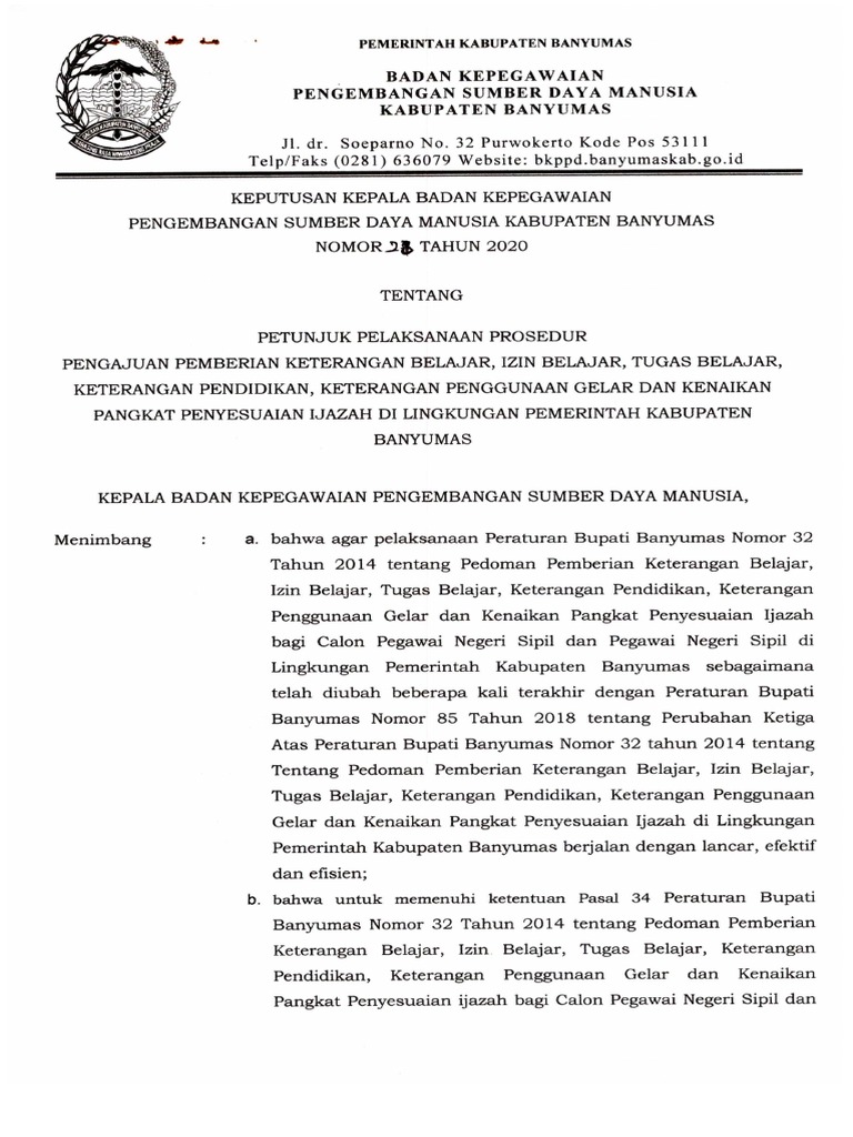 Sop Izin Belajar, Tugas Belajar DSB 2020 | PDF