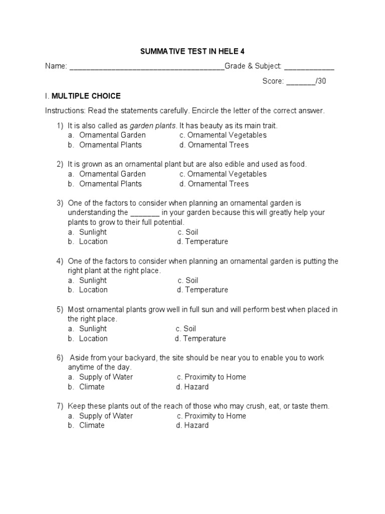 Summative Test in Hele 4 | Download Free PDF | Perennial Plant | Plants