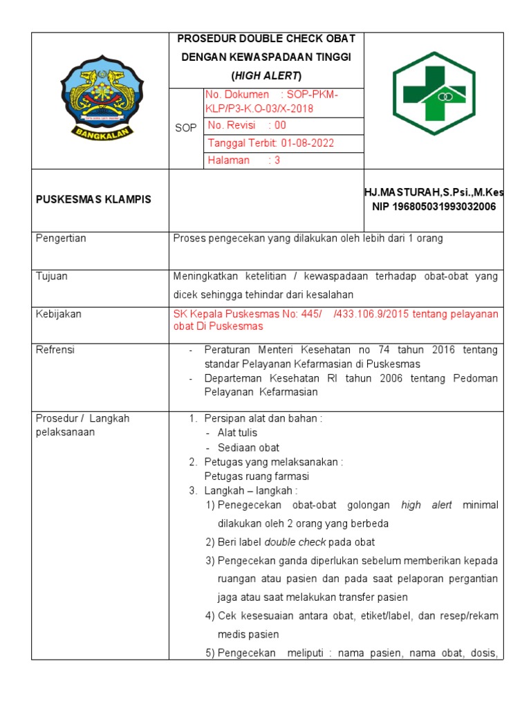 Prosedur Double Check Obat Dengan Kewaspadaan Tinggi | PDF ...