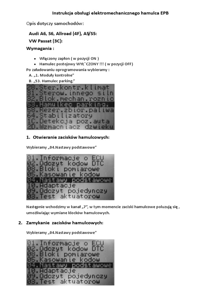 Instrukcja Obsługi Elektromechanicznego Hamulca EPB | PDF