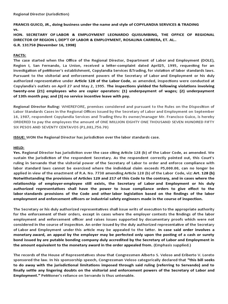 Regional Director Has Jurisdiction Over Labor Standards Violations Case Despite Monetary Award ...