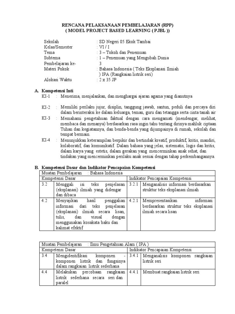 Rencana Pelaksanaan Pembelajaran (RPP) (Model Project Based Learning ...