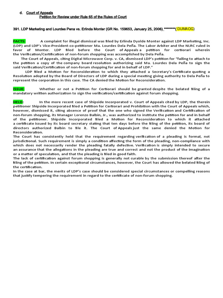 Digest LDP Marketing and Lourdes Pena vs. Erlinda Monter | Download Free PDF | Certiorari ...