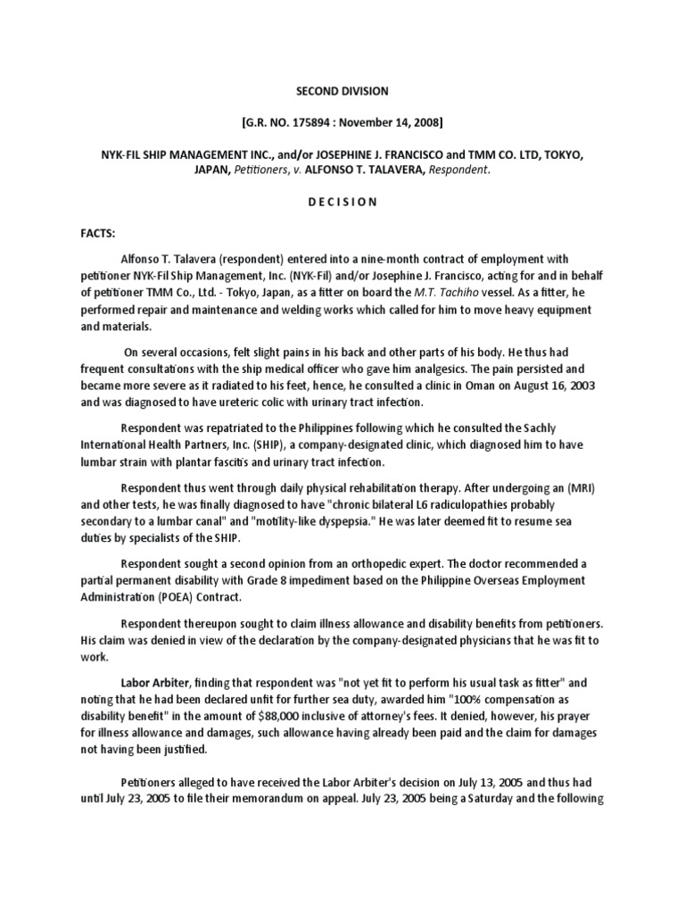 NYK-Fil Ship Management Inc. vs. Alfonso T. Talavera | PDF ...