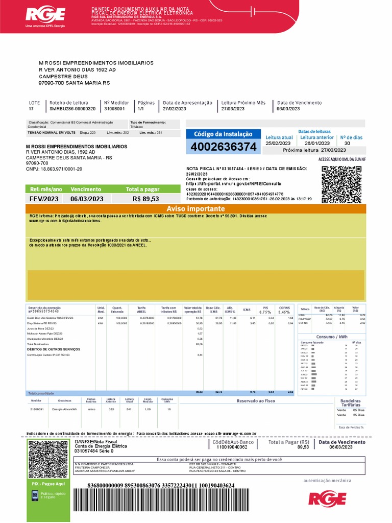 Conta Rge Geral Campestre Vence 06março2023 | PDF | Eletricidade ...