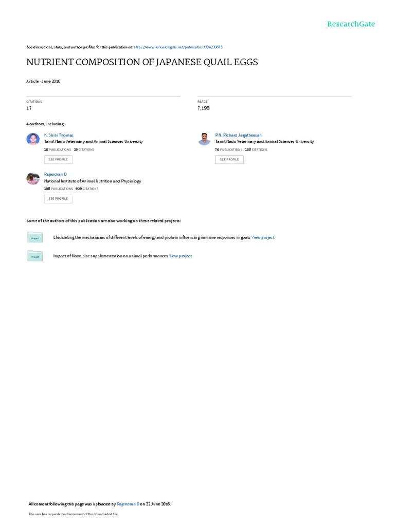 Nutrient Compositionof Quails Egg | PDF | Egg As Food | Nutrition