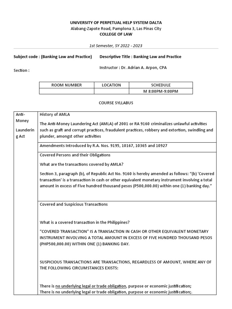Banking Laws Course Syllabus Pdf Money Laundering Ex Post Facto Law