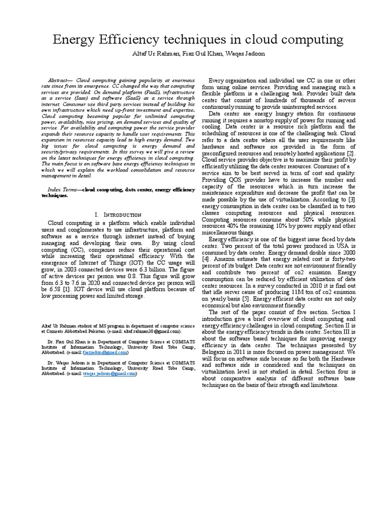 Energy Efficiency Techniques in Cloud Co | PDF | Data Center | Cloud ...