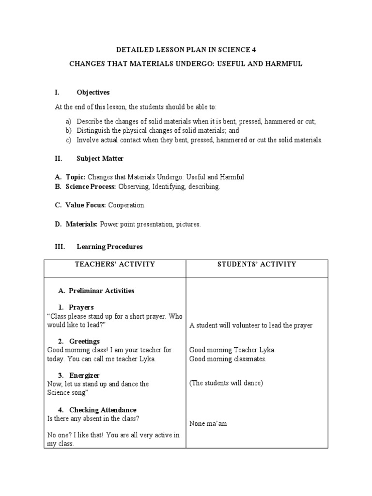DETAILED LESSON PLAN IN SCIENCE 4 - Usefulandharmful | PDF | Lesson ...