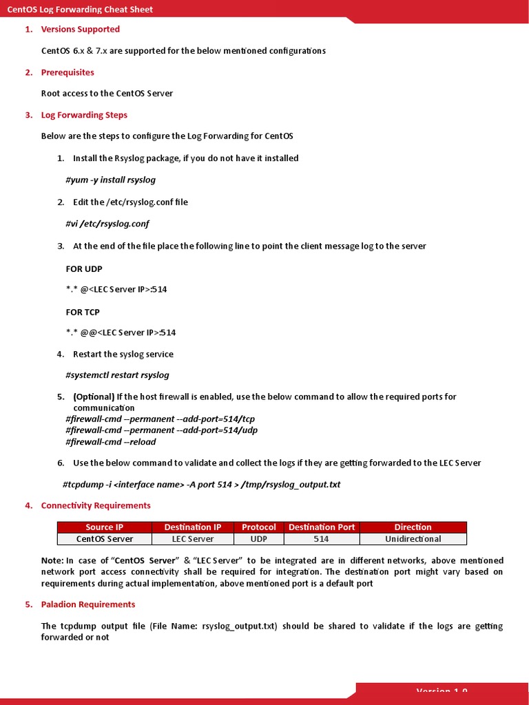 MDR - CentOS OS - Syslog - Log Forwarding Cheat Sheet - v1.0 | PDF