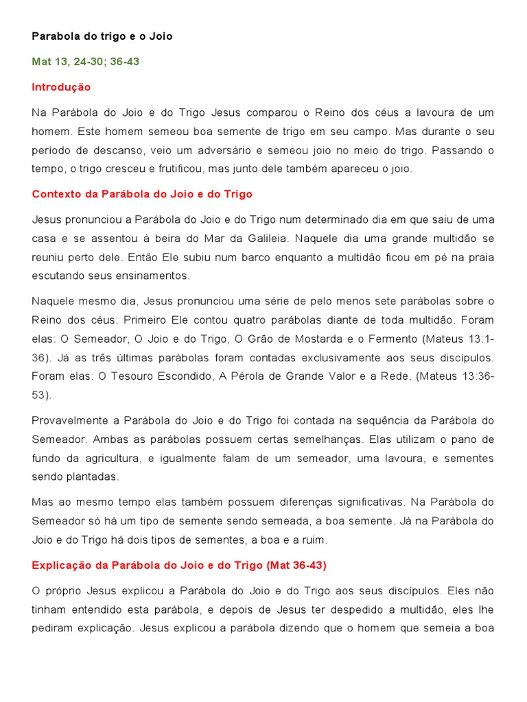 Parabola Do Trigo e o Joio | PDF | Trigo | Jesus