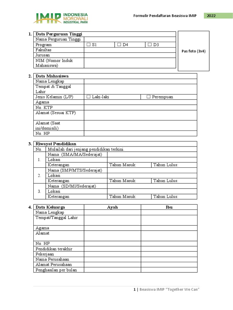 Formulir Pendaftaran Beasiswa IMIP 2022 | PDF