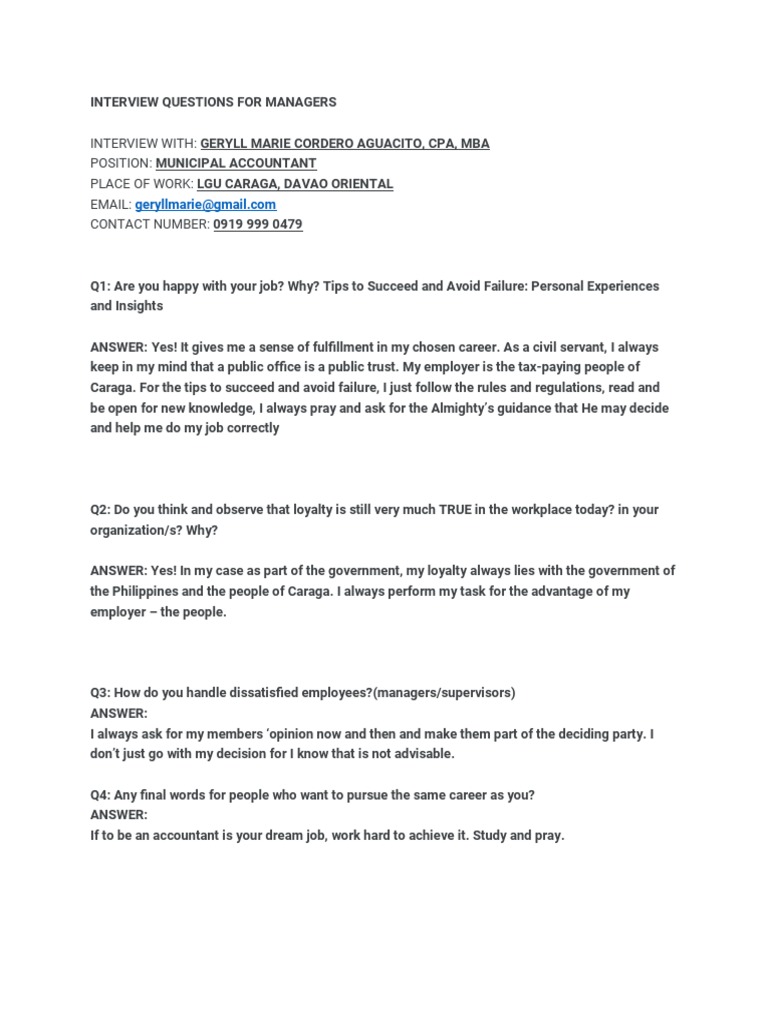 Interview Questions For Managers - Cpa | PDF | Career & Growth