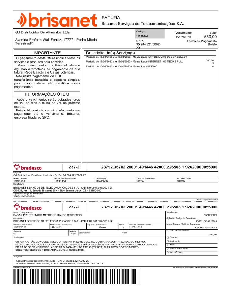 Fatura mensal serviços telecom 550 | PDF | Serviços financeiros | Dinheiro