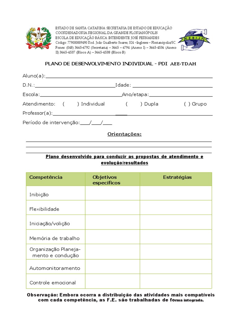 Plano de Desenvolvimento Individual - Pdi - Tdah | PDF