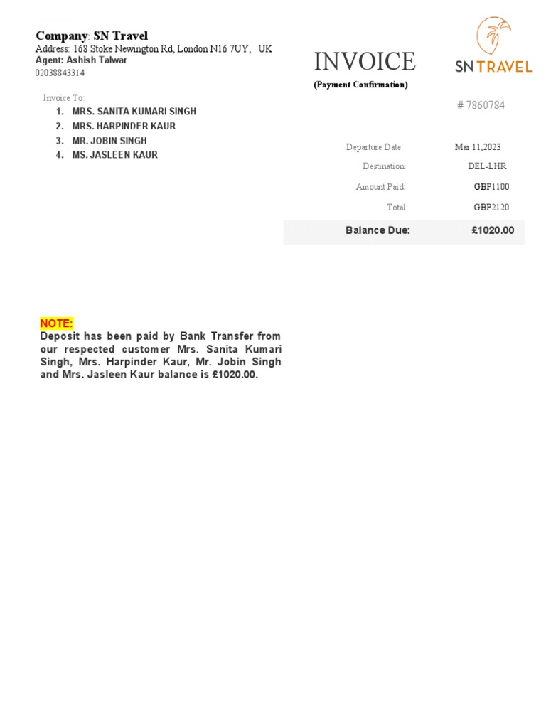 Payment Invoice For MR. SATISH KUMAR | PDF