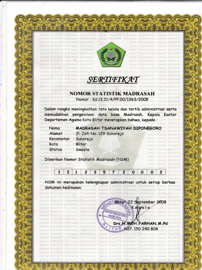 Sertifikat NSM Mts Diponegoro | PDF