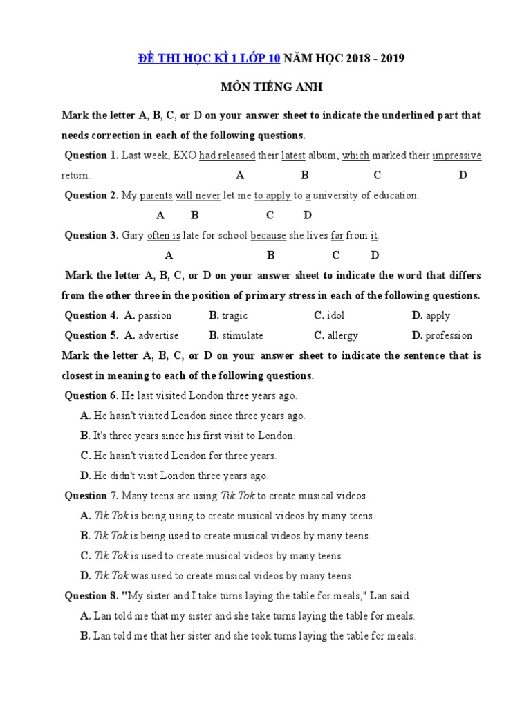 De Thi Hoc Ki 1 Lop 10 Mon Tieng Anh Nam Hoc 2018 2019 Truong THPT Yen Lac | PDF