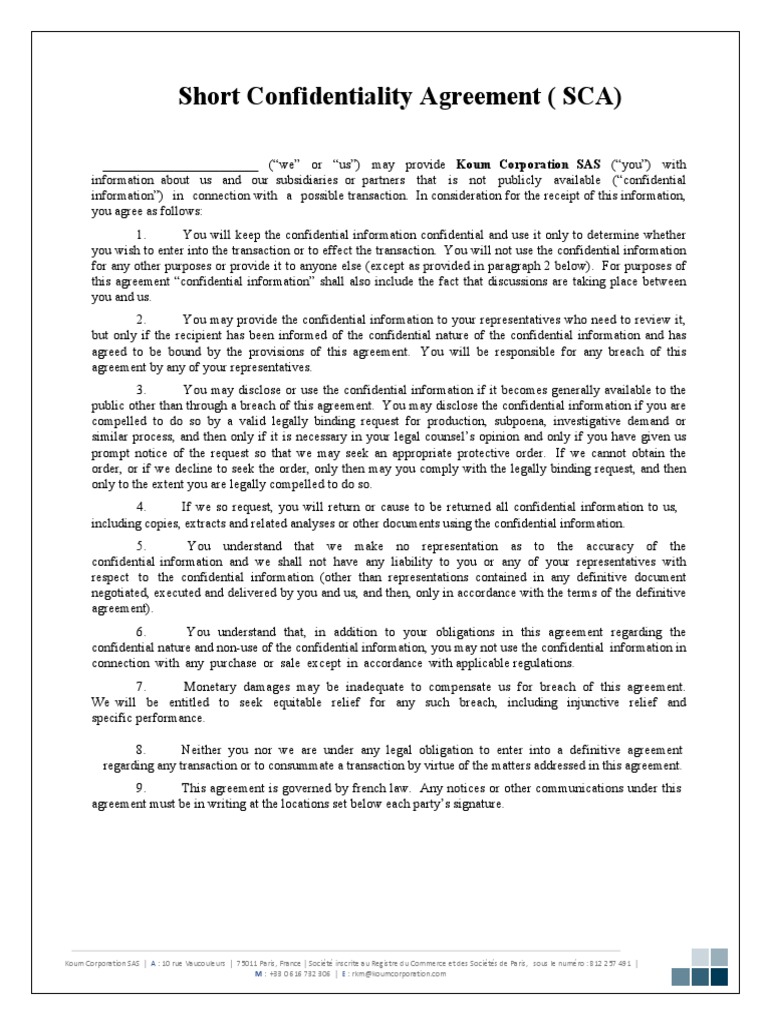 Short Confidentiality Agreement (SCA) | Download Free PDF ...