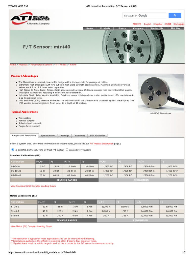 ATI Industrial Automation - F - T Sensor Mini40 | PDF | Calibration | Computer Engineering