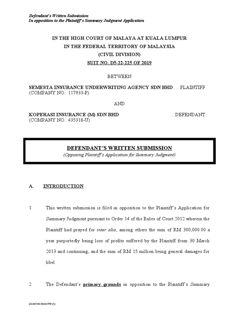 Defendant Written Submission | PDF | Lawsuit | Summary Judgment