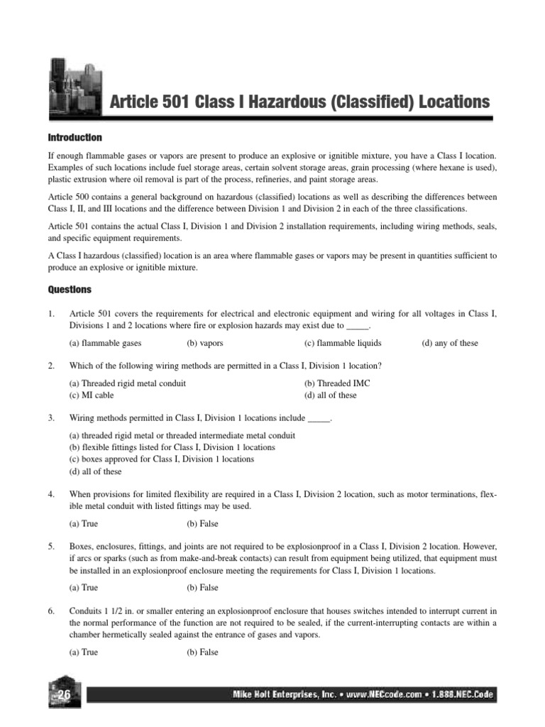 NEC Article 501 Class 1 Hazardous | PDF | Electrical Wiring | Electromagnetism