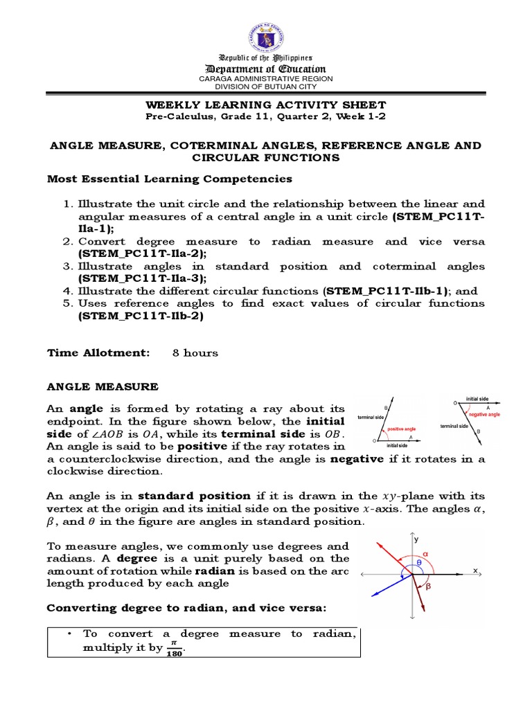 Pre Calculus - Q2 - WLAS Week 1 3 1 | PDF | Angle | Trigonometric Functions