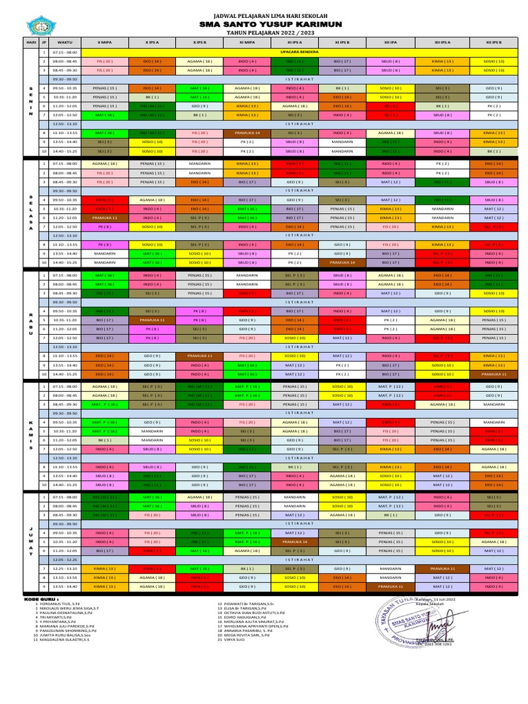 Jadwal Pelajaran Lima Hari Sekolah Tahun Pelajaran 2022-2023 | PDF