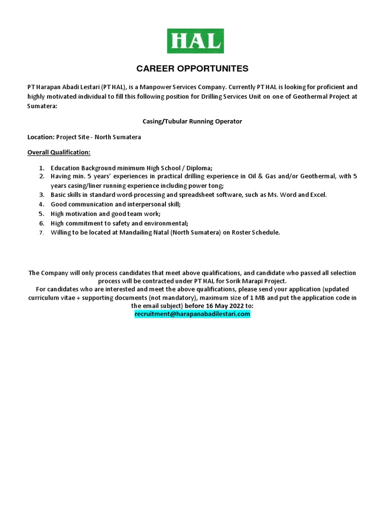 Casing Operator Job in Sumatera | PDF | Career & Growth | Business