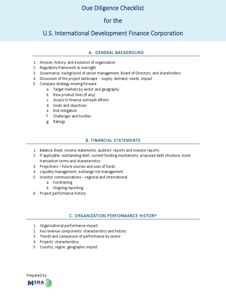 US DFC Due Diligence Checklist | PDF | Debt | Investing