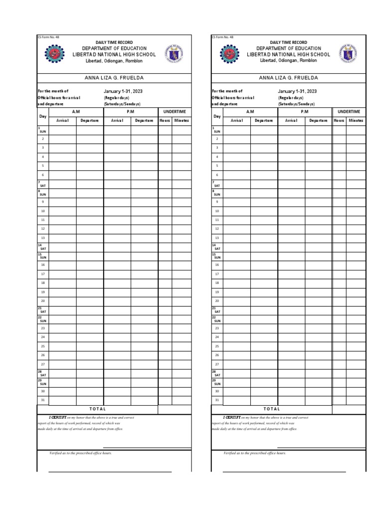Daily Time Record Form for Teachers | PDF