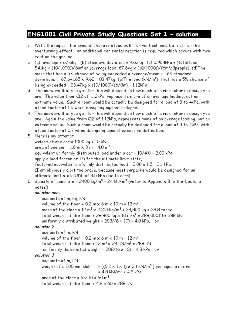 Eng1001 Civil Set 1 Sol Pdf