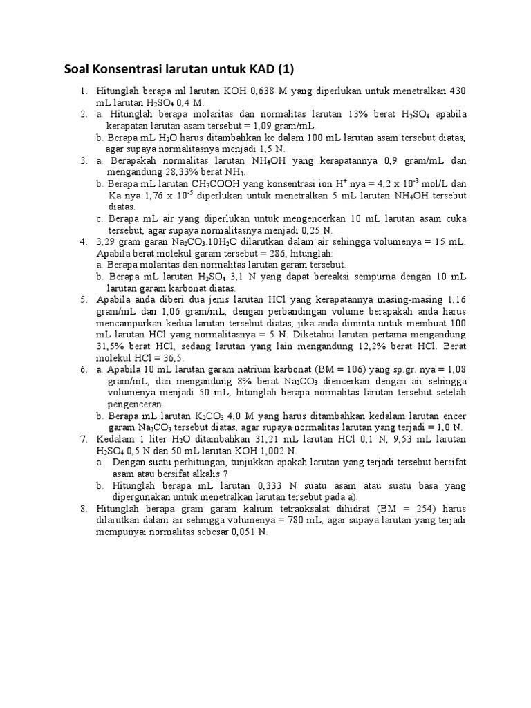 Soal Konsentrasi Larutan KAd | PDF | Memasak, Makanan, & Anggur | Sains ...
