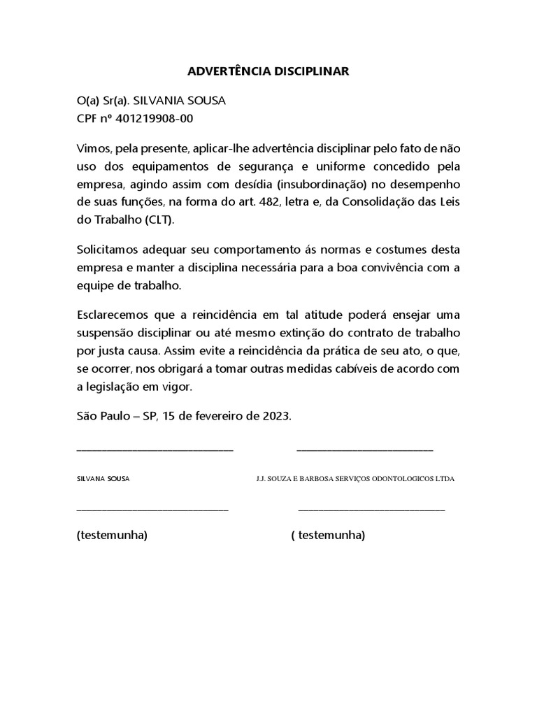 Aviso De Advertência Disciplinar Para Funcionária Por Não Uso De