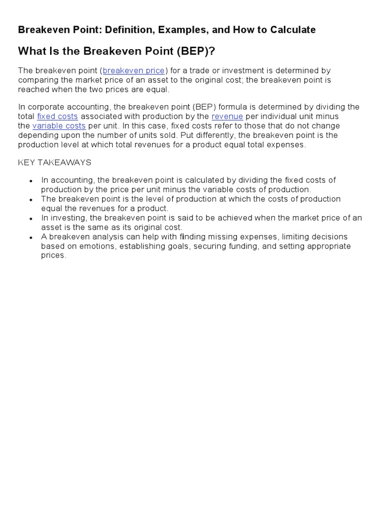 Breakeven Point - Definition, Examples, and How To Calculate | PDF