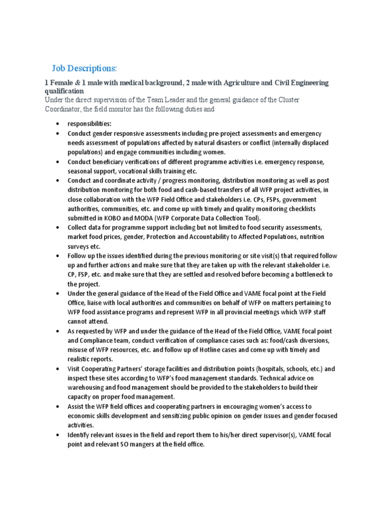 Field Monitor Job Descriptions | PDF | World Food Programme