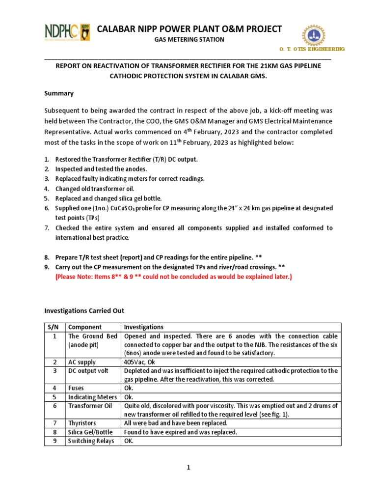 Report on Transformer Rectifier CP System Reactivation[55886] | PDF ...