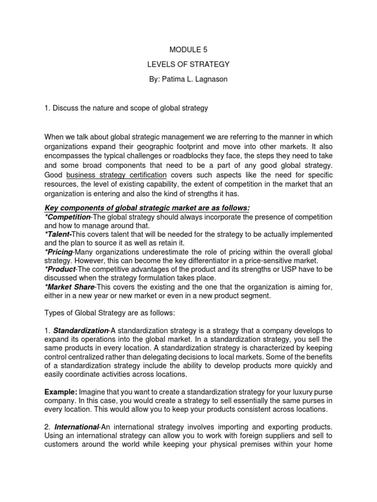 Global Strategy Levels Explained | PDF | Strategic Management | Marketing
