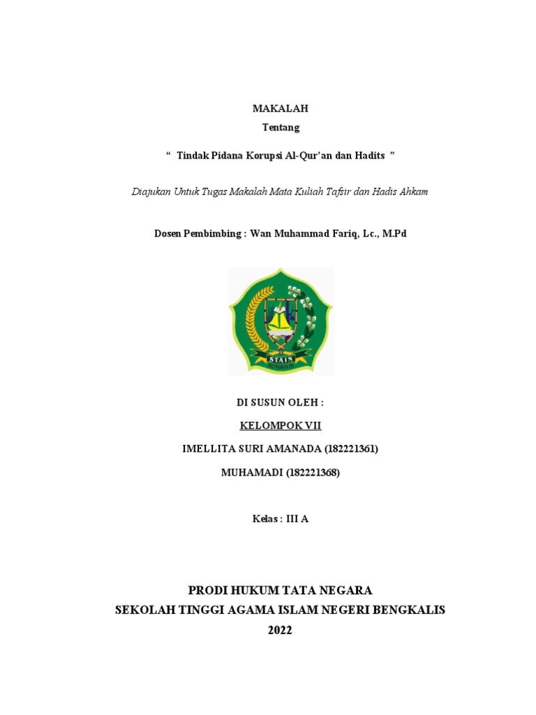 Makalah Tindak Pidana Korupsi Al Quran Dan Hadist | PDF Makalah Tindak Pidana Korupsi Al Quran Dan Hadist | PDF