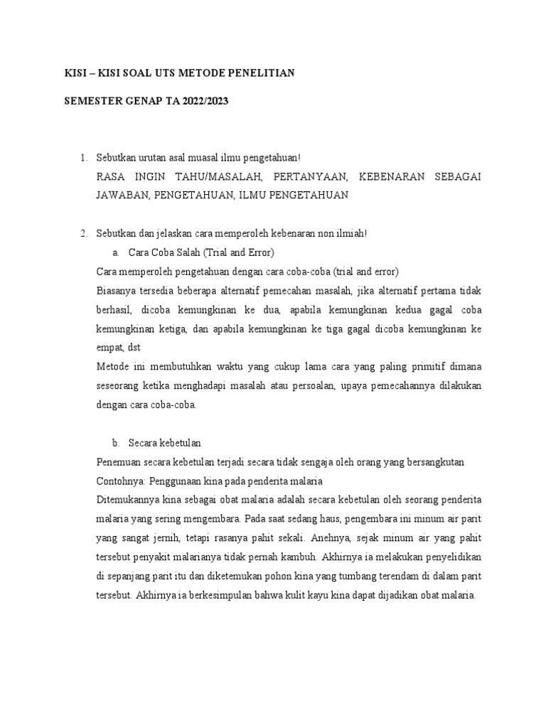 Kisi-Kisi Soal Uts Metode Penelitian 2023-1 | PDF