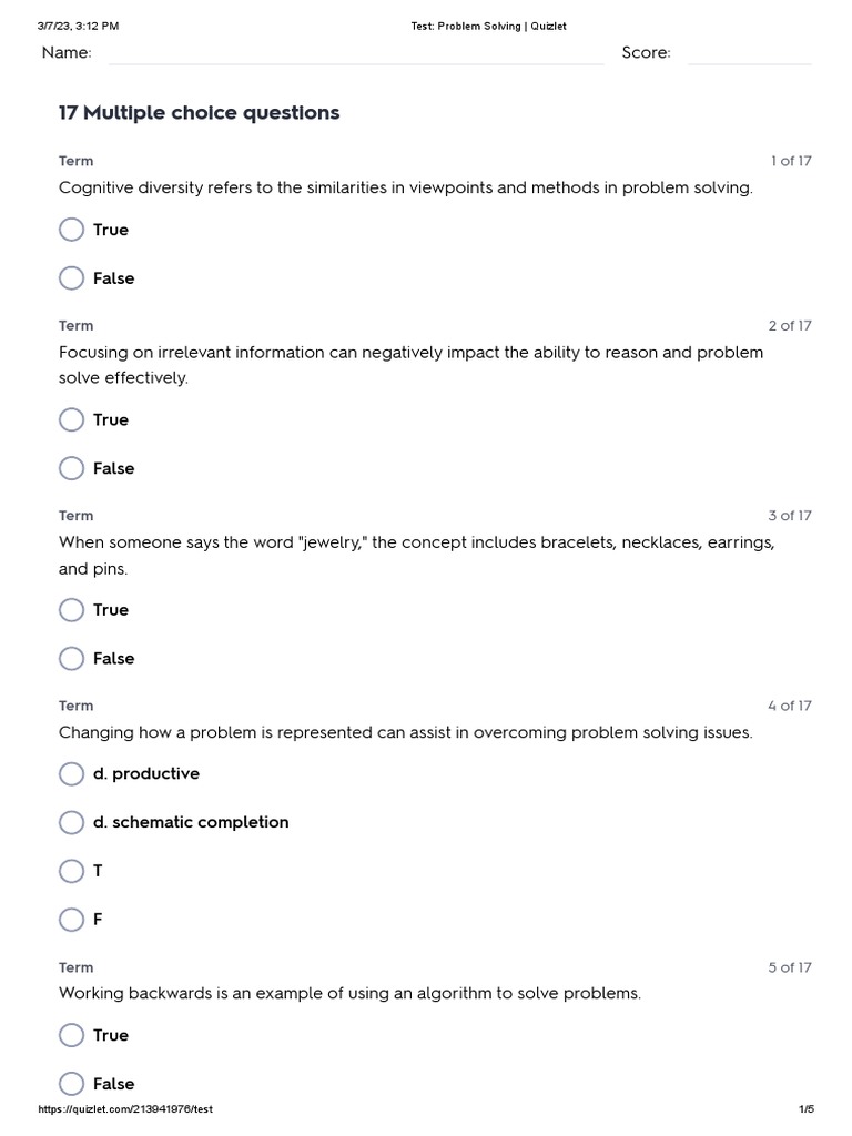 Test Problem Solving Quizlet | PDF | Cognitive Science | Behavioural ...