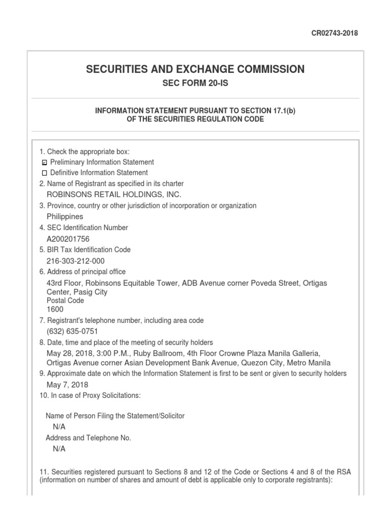PSE Disclosure Form 17-5 Preliminary Information Statement of RRHI For ...